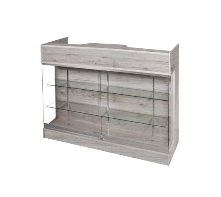4' Ledgetop Counter w/ Glass Front - Barnwood | Store Displays®
