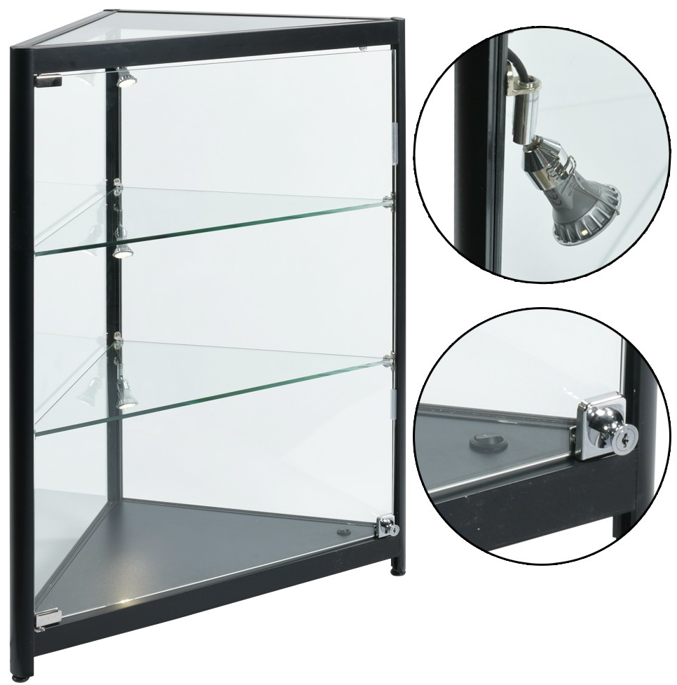 Fully Assembled Corner Display Case w/LED Spotlights | Store Displays®