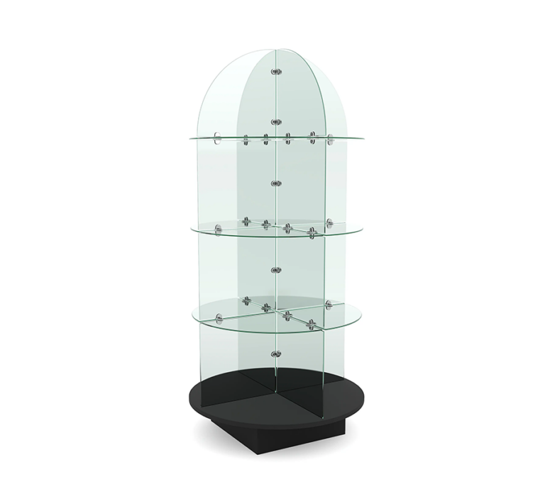 Glass Shelving Display w/ Round Wood Base - Black | Store Displays®